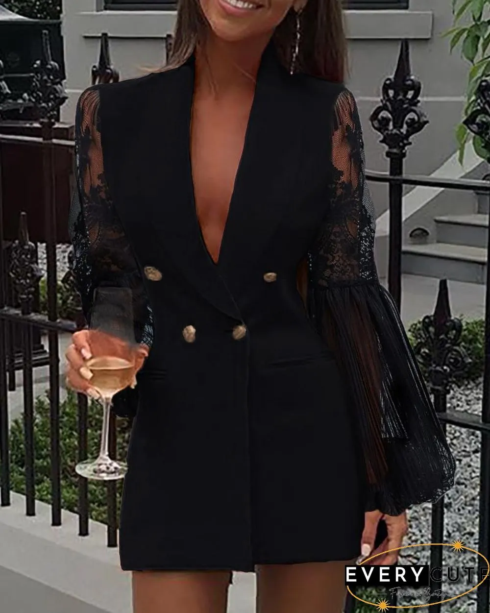 Crochet Lace Sheer Mesh Double Breasted Blazer Dress P11113