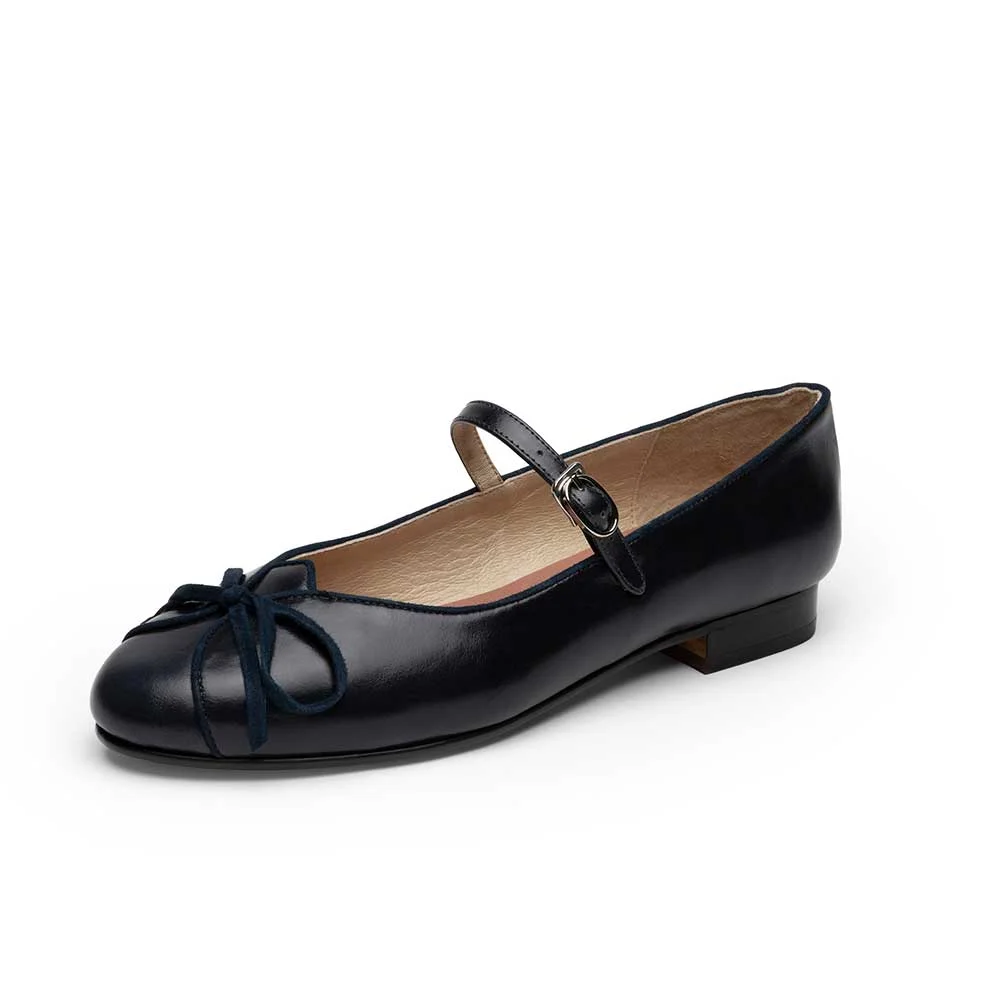Black Vegan Leather Closed Toe Flat Bow Inlay Mary Jane Shoes