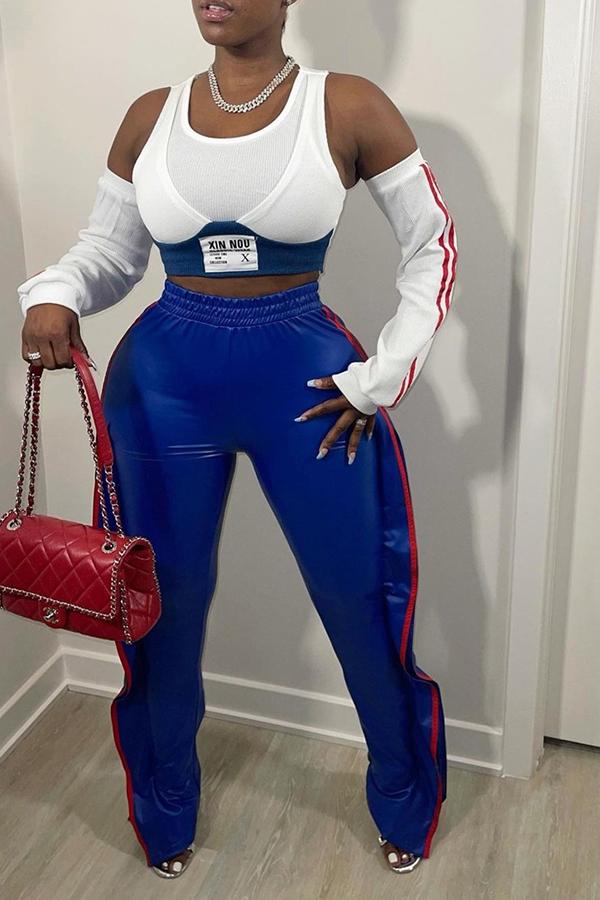 Slim-fit Color-block Ribbon Trim Ruffled Leather Pants