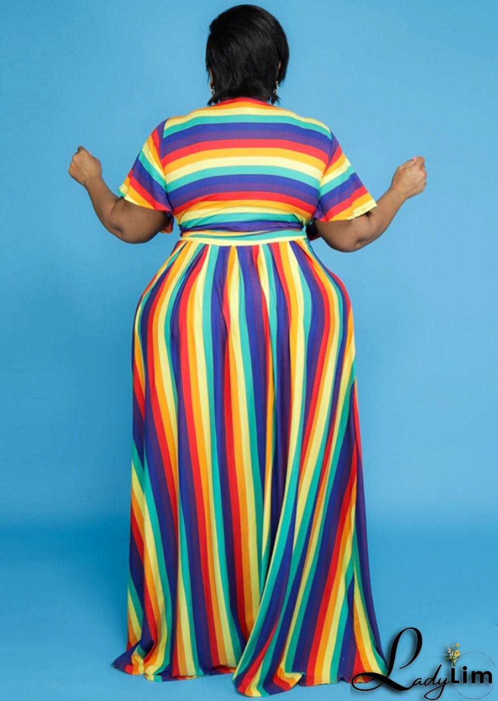 Wholesale Summer Plus Size Rainbow Crop Top and Long Skirt Set Online