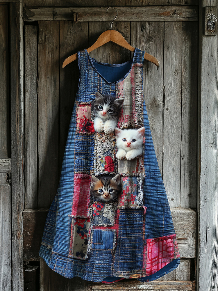 Artistic Cat Denim Patchwork Art Women's Linen Tank Dress