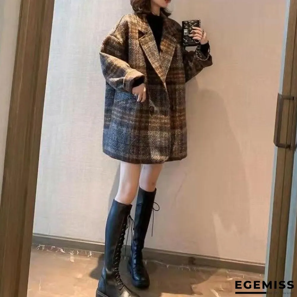 Wool Loose Padded Plaid Long Coat - EGEMISS