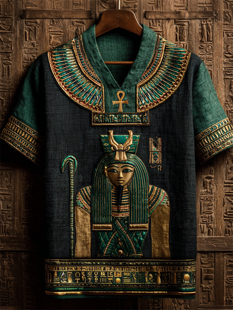 Ancient Egyptian Osiris & Ankh Embroidered Linen Shirt