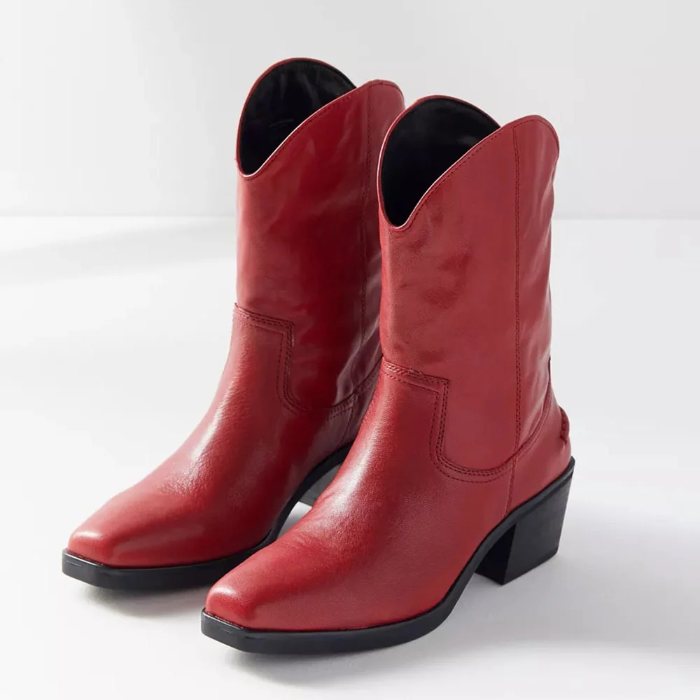 Red Square Toe Chunky Heel Pull-On Cowgirl Ankle Boots for Women