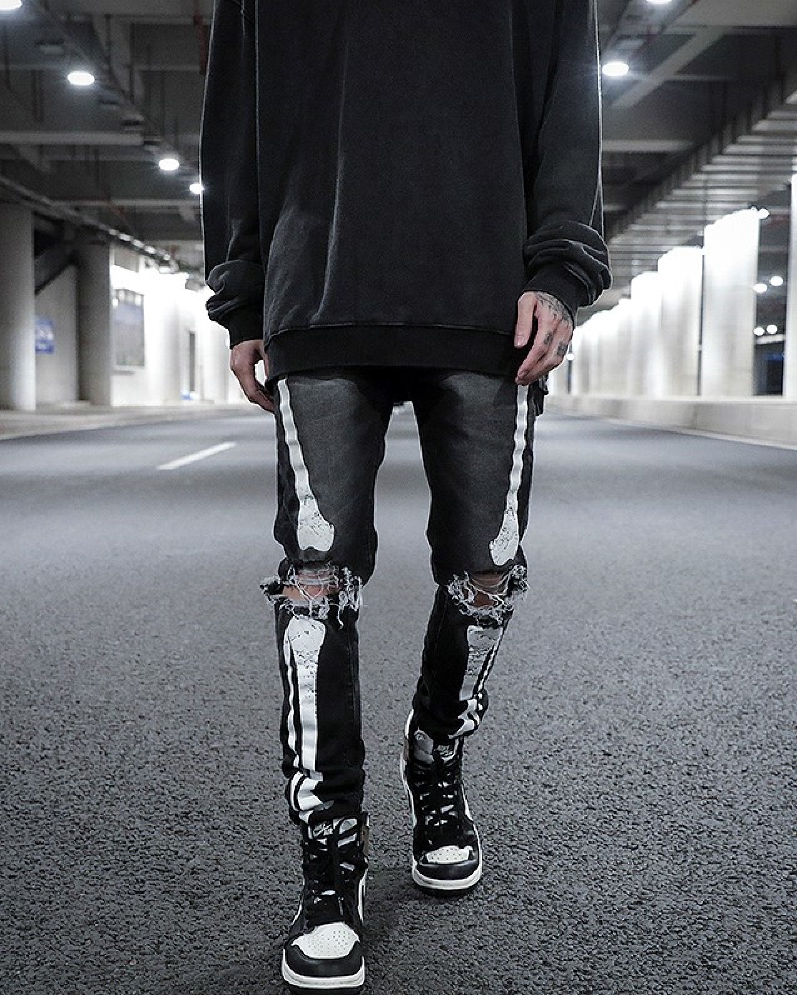 Black Ripped Knee Skeleton Skinny Denim
