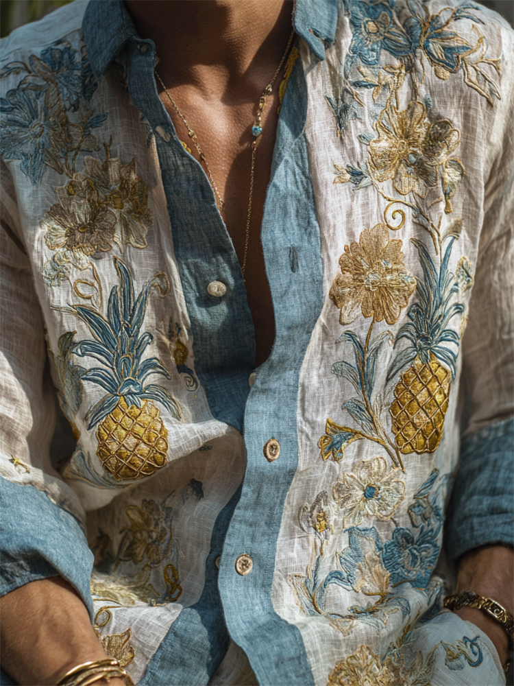 Men's Boho Pineapples Floral Embroidered Beach Linen Shirt
