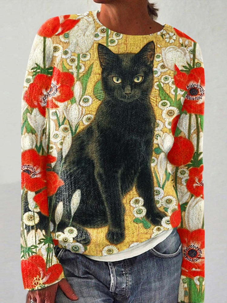 Vintage Floral Cat Pattern Women's Sweater