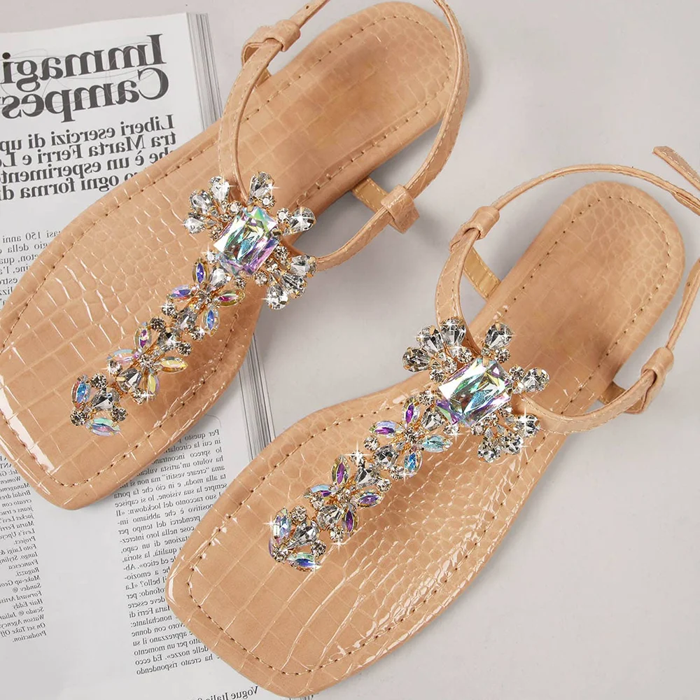 Beige Patent Leather Python Opened Toe Rhinestone T-Strappy Flat Sandals