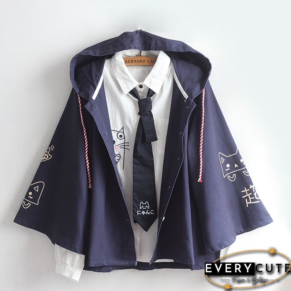 Japanese Kitty Print Cape Hooded Outerwear