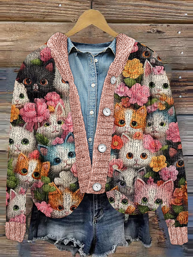 Vintage Cute Cats And Floral Art Cardigan Sweater