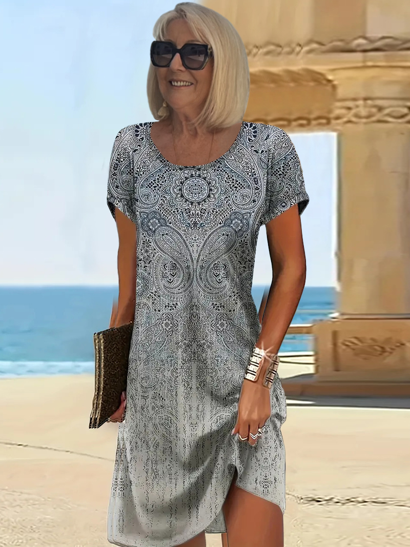 Commuter style round neck short-sleeved A-word dress