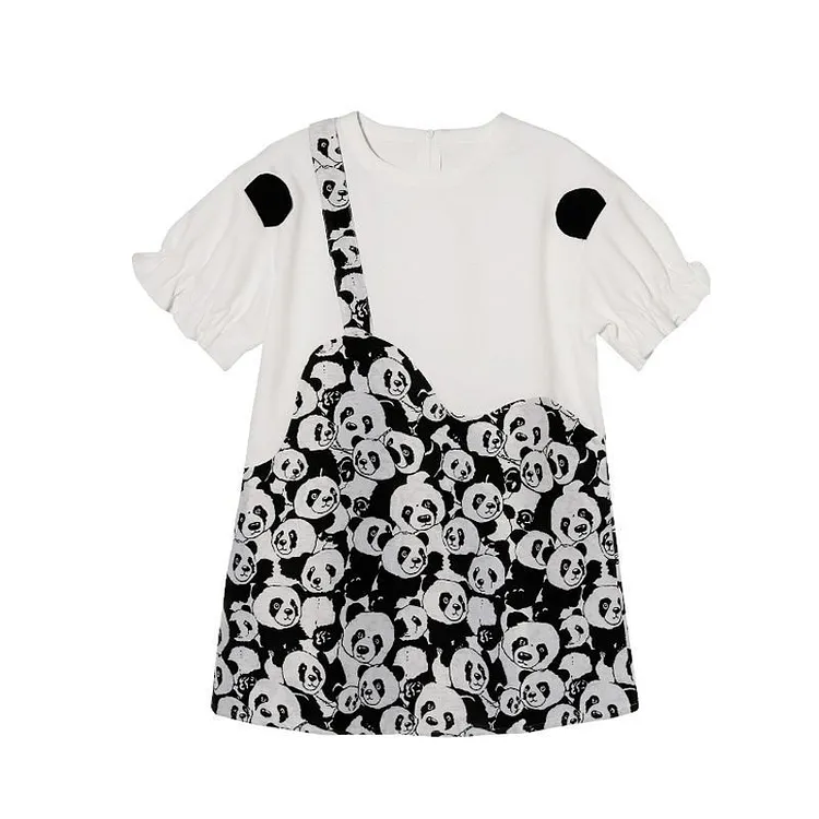 Cartoon Panda Print Colorblock Loose T-Shirt Dress