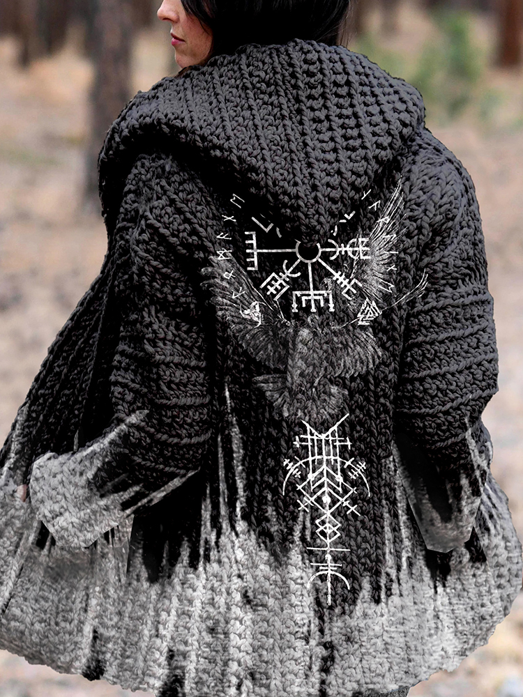 Retro Viking Birds Runes Totem Gradient Print Hooded Cardigan Sweater