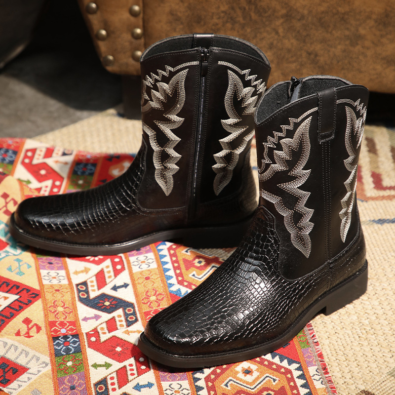Western High-Top Leather Mid-Top Martin Black Boots