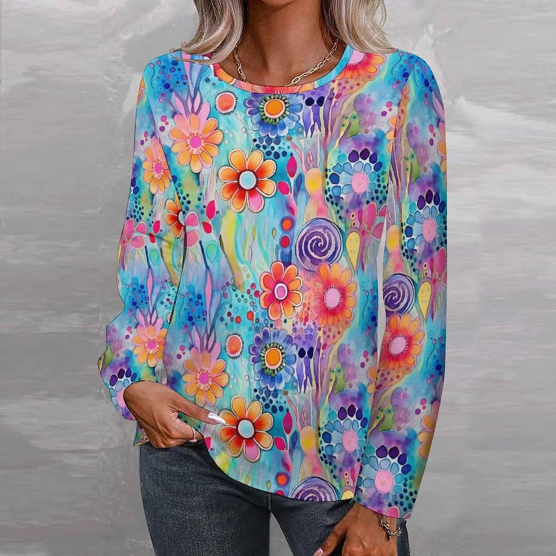 Full Printed Long Sleeve Plus Size Tunic for Women Pattern Flowers,Floral