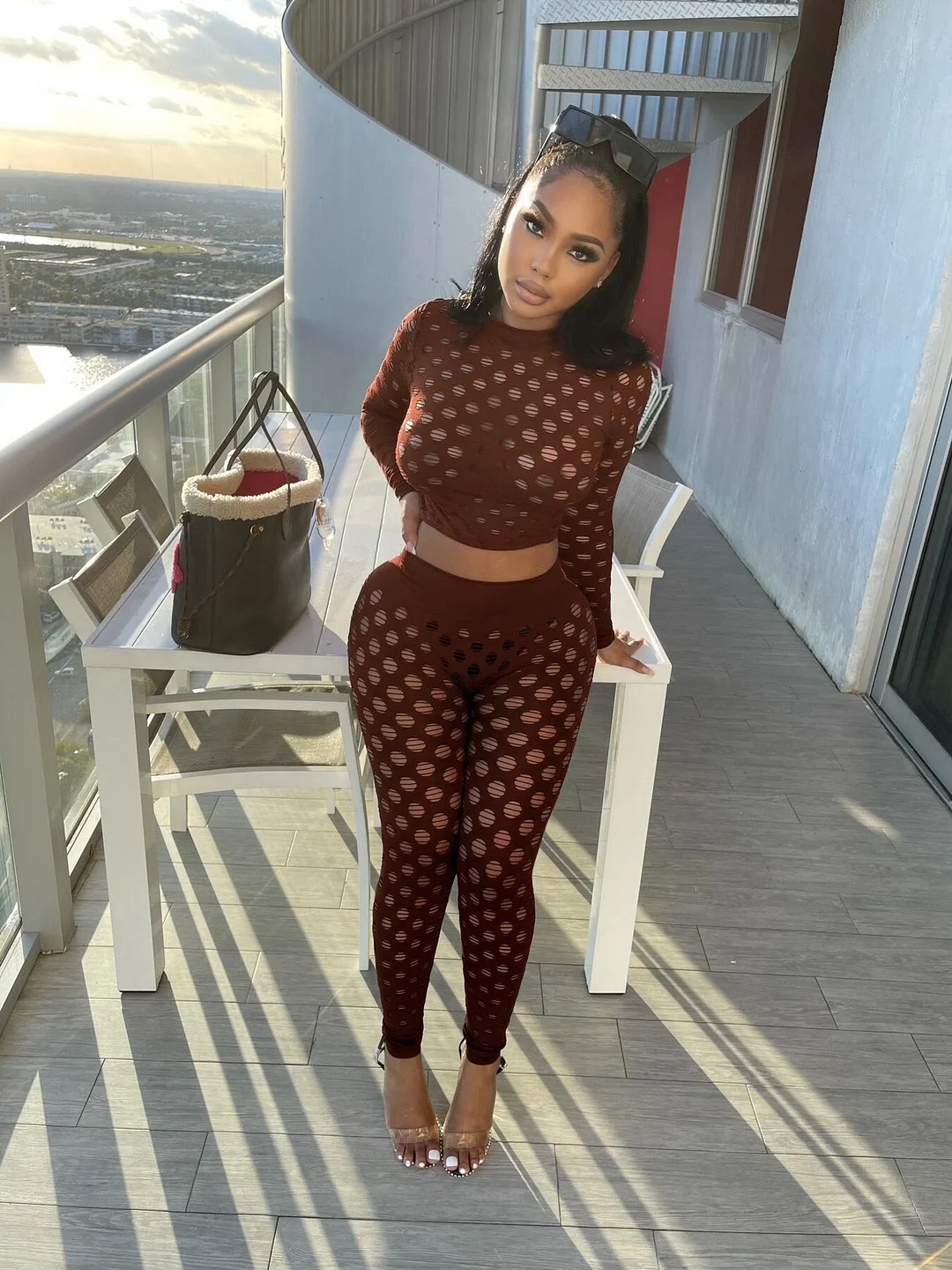 Anjamanor Sexy Hollow Out Hole Two Piece Set Women Top And Pants 2021