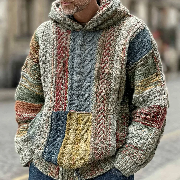 Men's Retro Tribal Geometric Pattern Knitted Jacquard Hooded Sweater