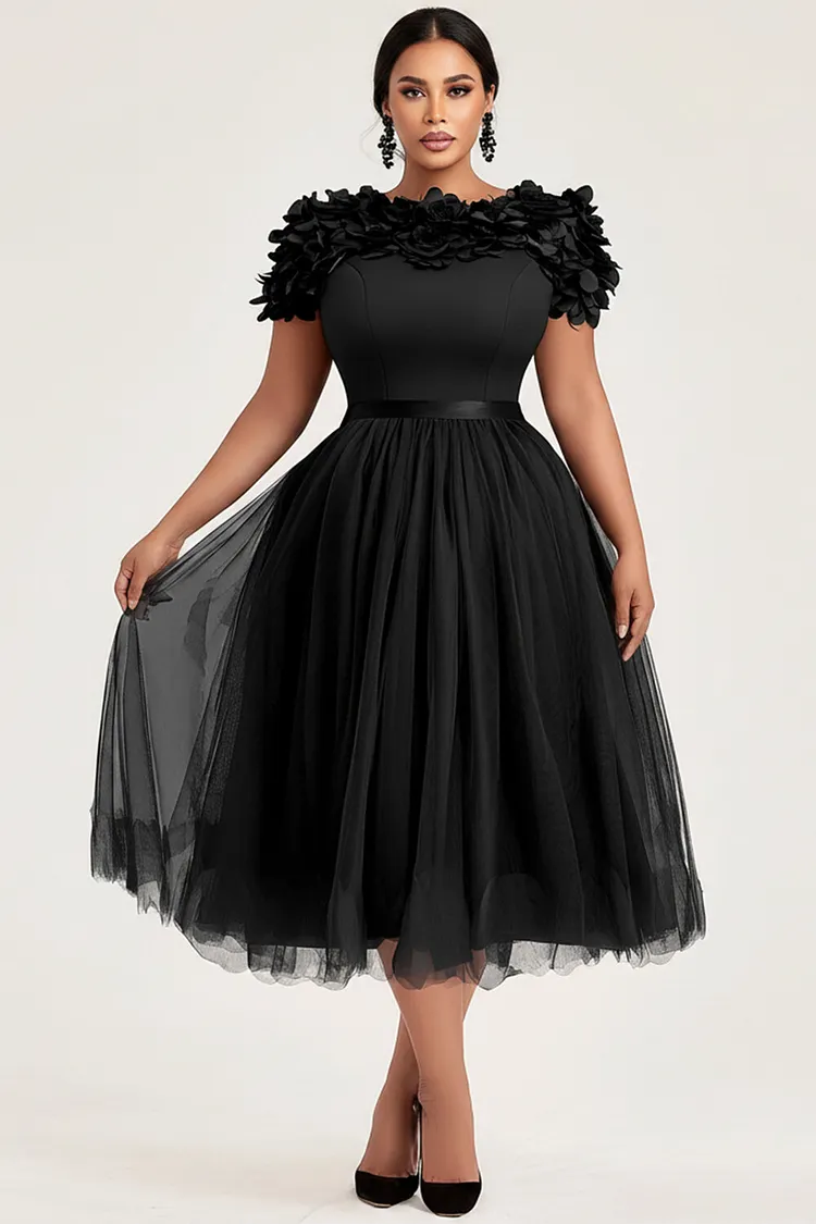 Xpluswear Design Plus Size Cocktail Party Black Round Neck Short Sleeve ...