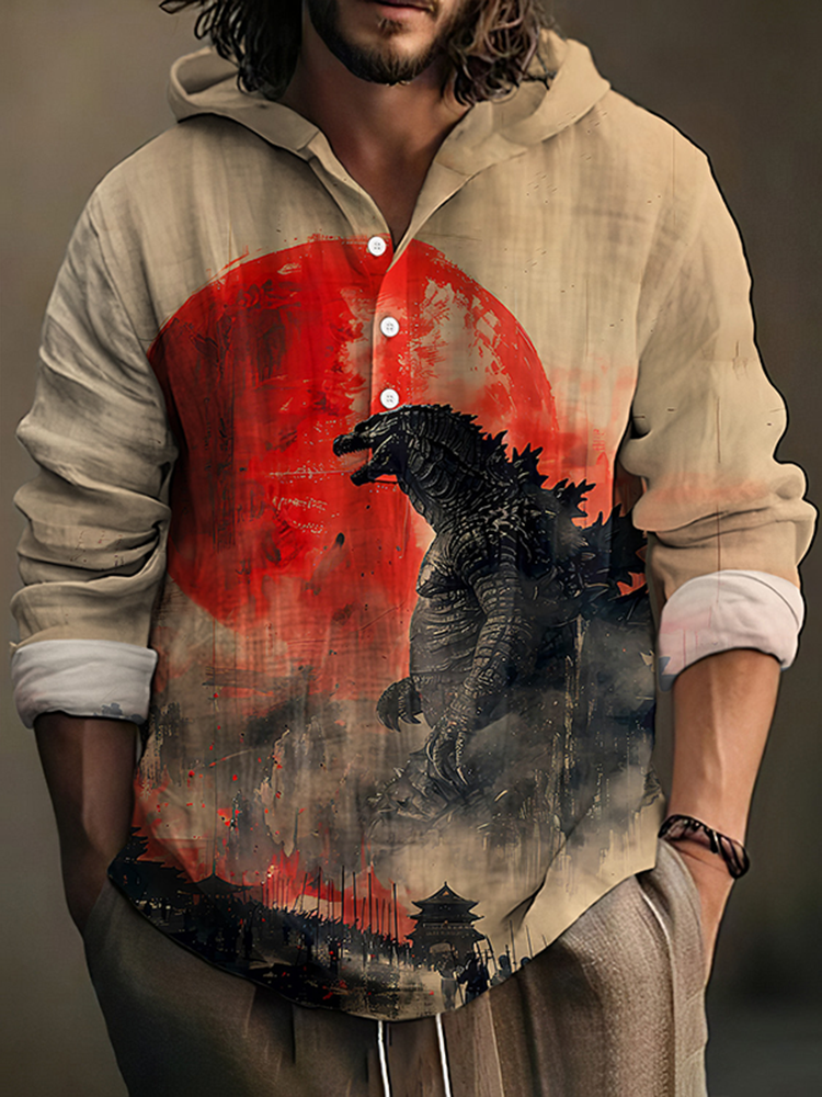 Funbibi Men's Japanese Godzilla Red Sun Art Print Hooded Shirt
