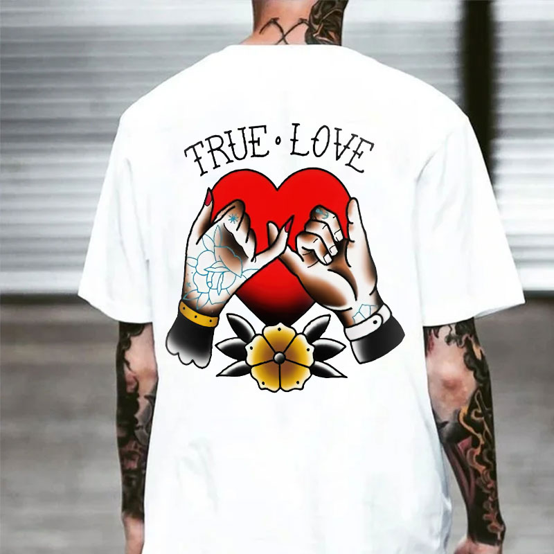 TRUE LOVE Hands with Tattoo Sincerely White Print T-Shirt