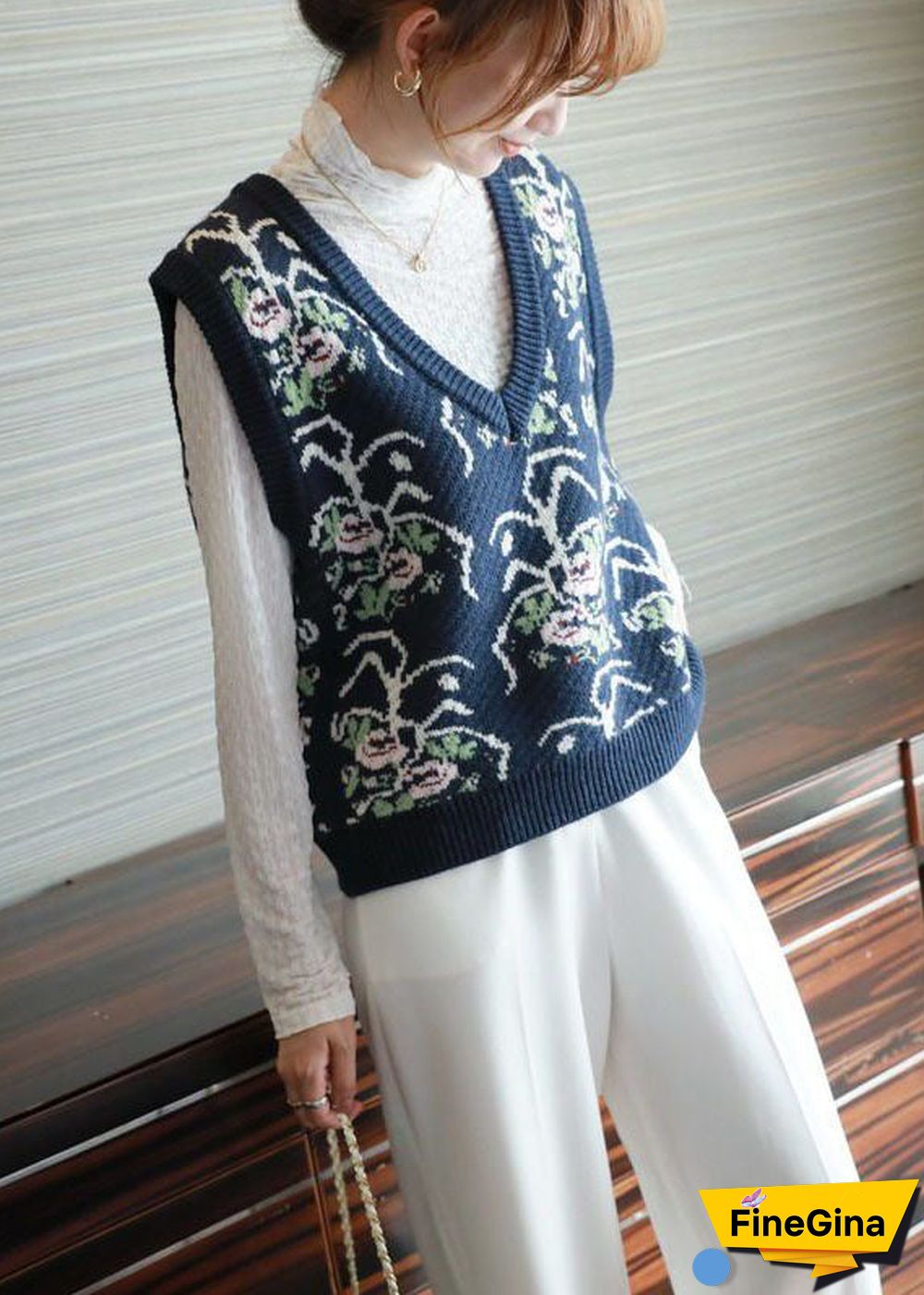 FineGina Blue Print Knit Vests V Neck Oversized Sleeveless