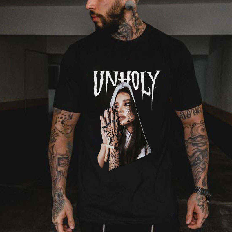 Unholy Nun with Tattoo Praying Black Print T-Shirt