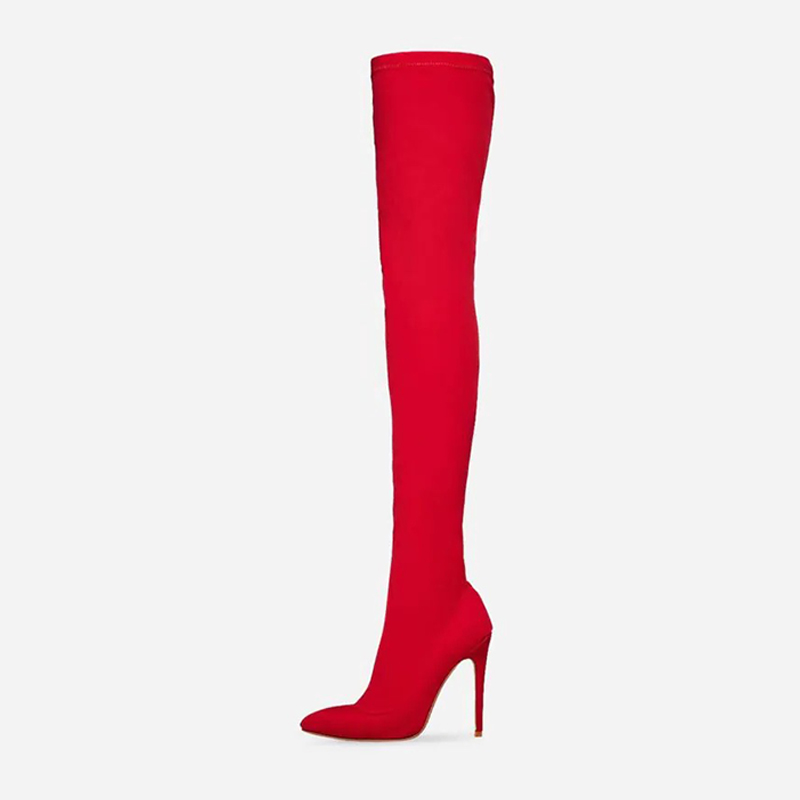 Red Suede Thigh High Boots Pointed Toe Stiletto Heels Winter Shoes Vdcoo