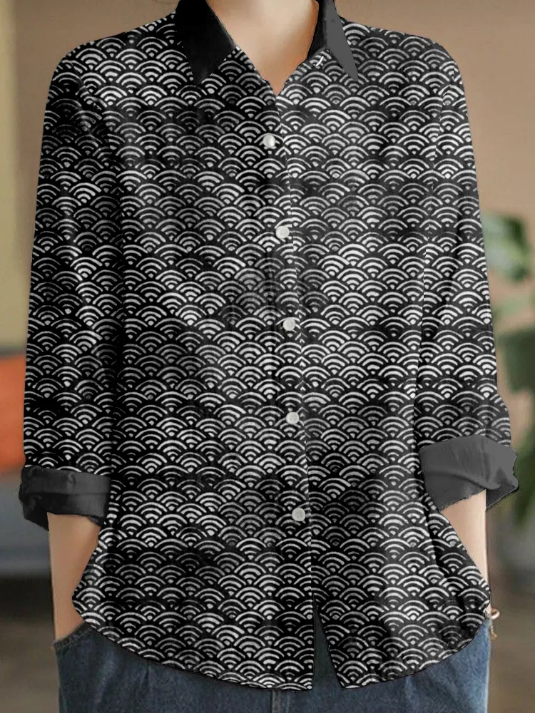 Japanese Waves Inspired Pattern Linen Blend Blouse