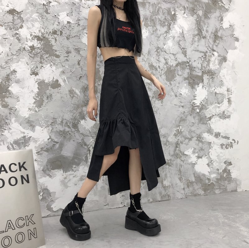 BLACK SLIT IRREGULAR MIDI SKIRT