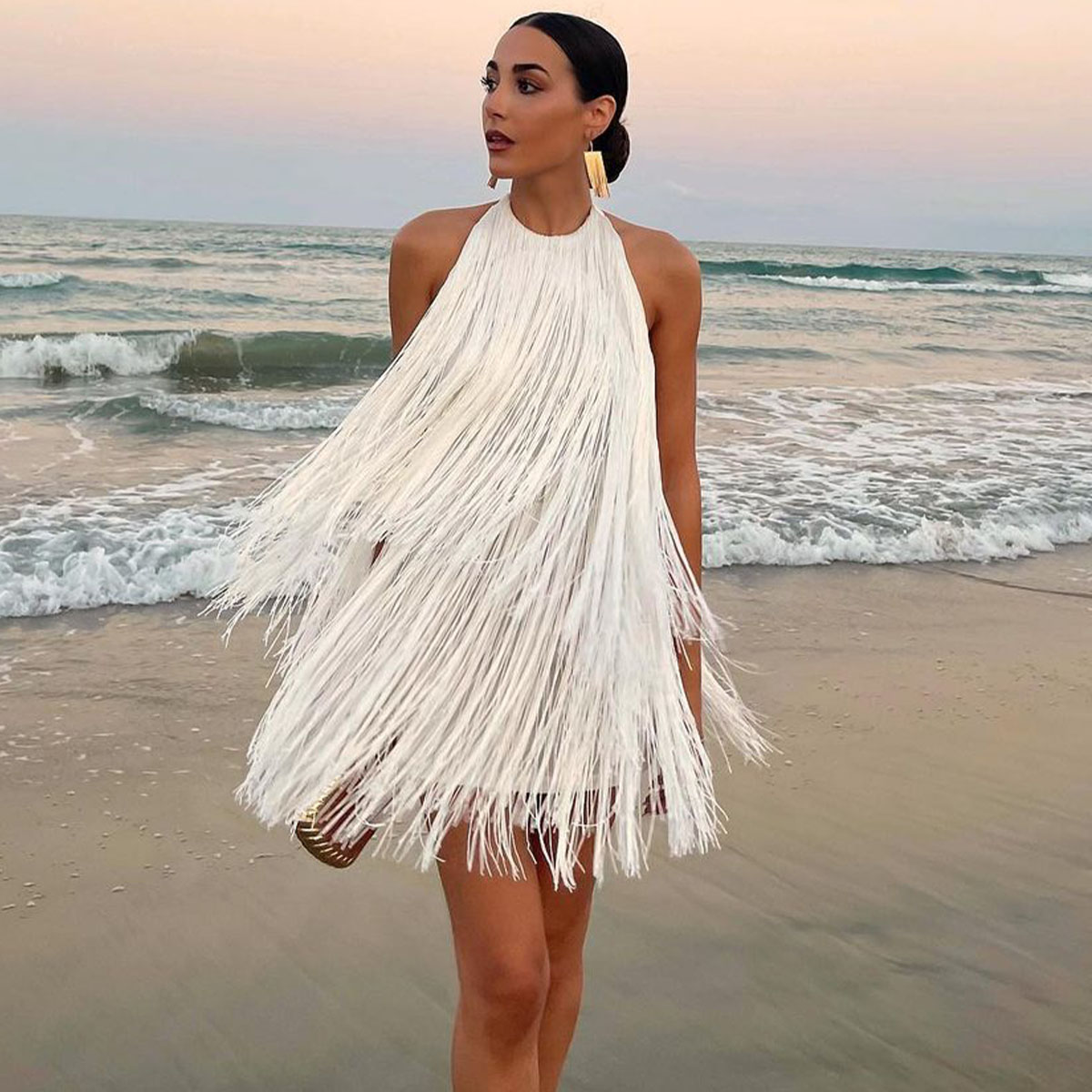 Backless Halter Tassel Mini Dress - Ladylim