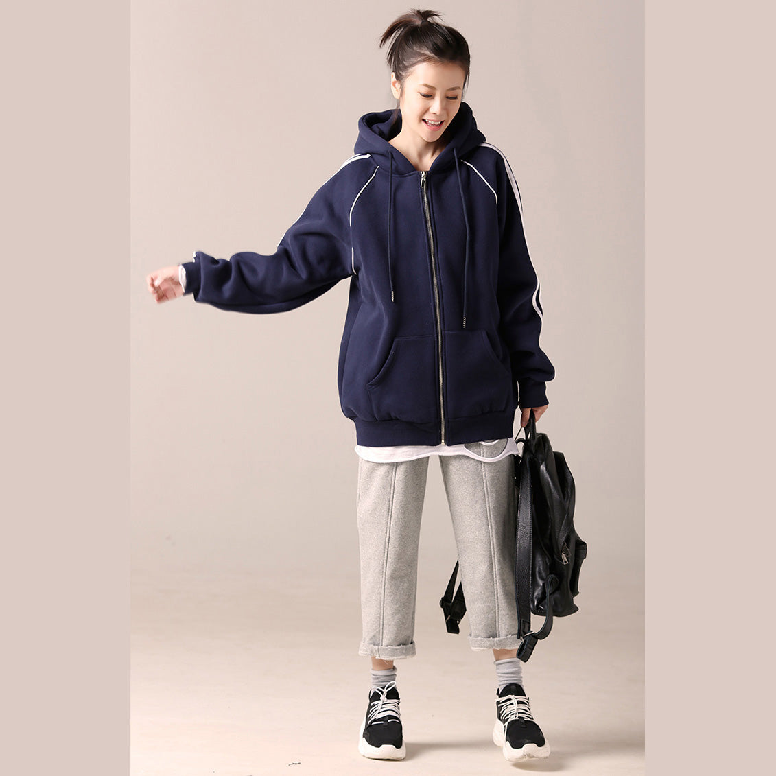 Simple cotton tunics for women Catwalk blue daily blouse hooded - MissTip