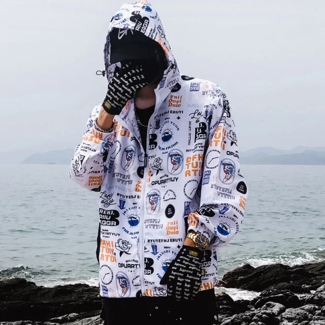 Graffiti Print Jacket Men Hip Hop Windbreakers Hoody Jacket Slim Fit ...