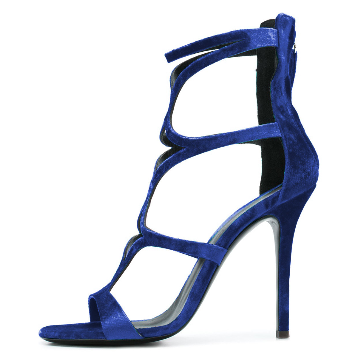 Navy Stiletto Heel Strappy Sandals with Velvet Hollow Design Vdcoo