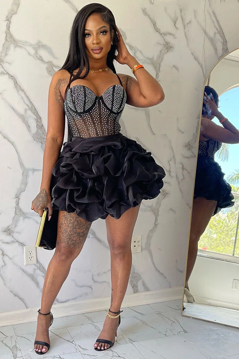 See-Through Bustier Layered Ruffle Party Slip Mini Dresses