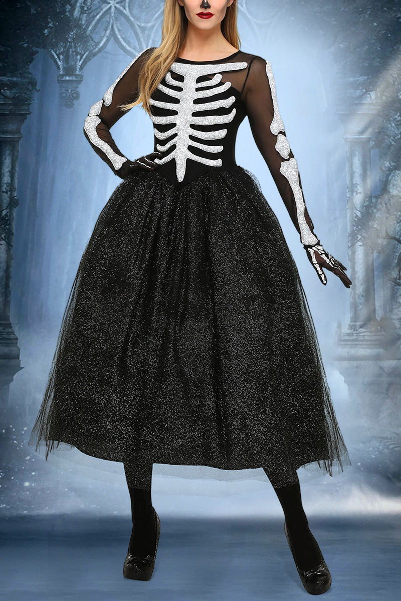 Xpluswear Design Plus Size Halloween Costumes Black Skeleton Print ...