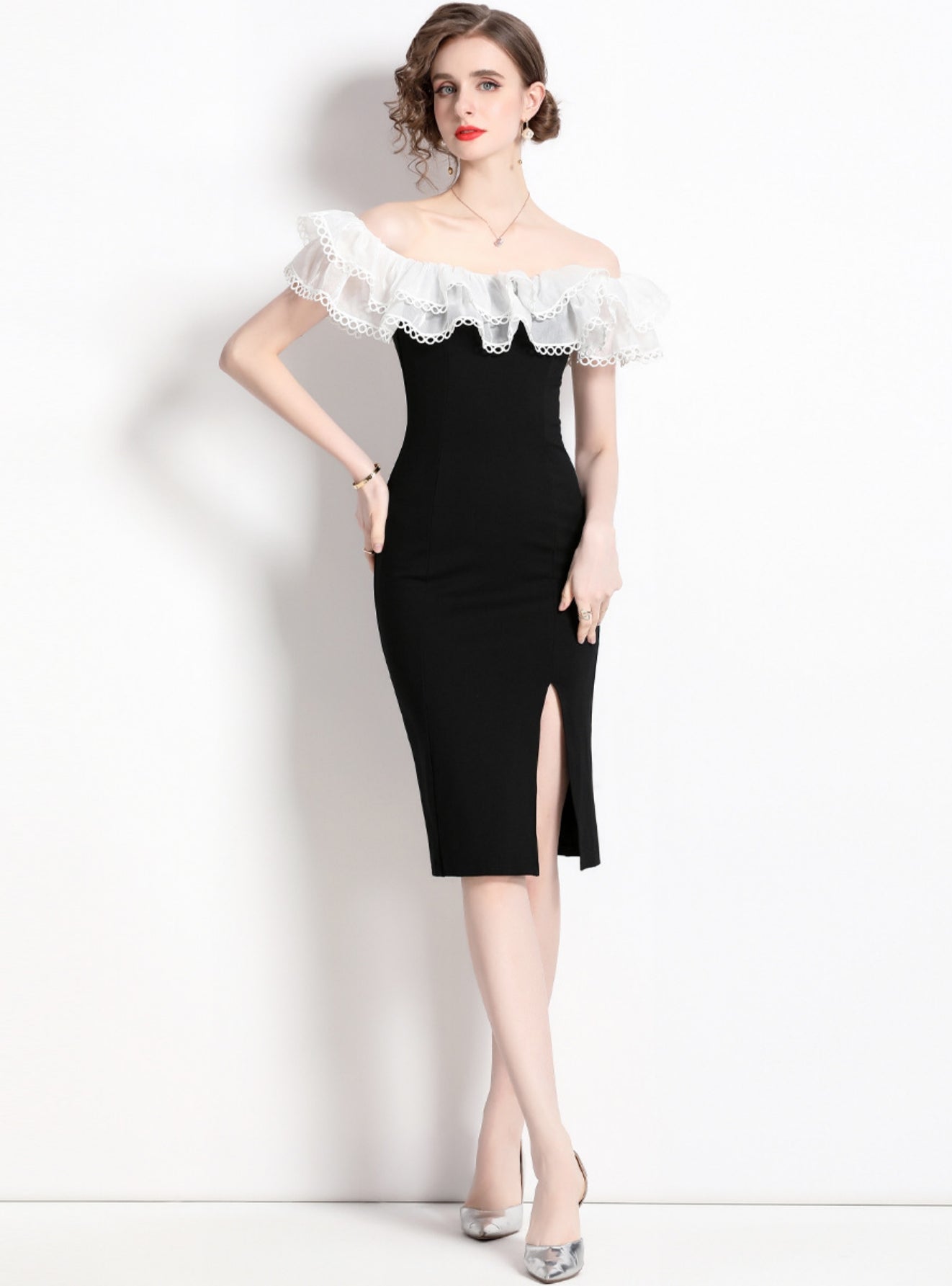 Black Silm Waist Slit Dress