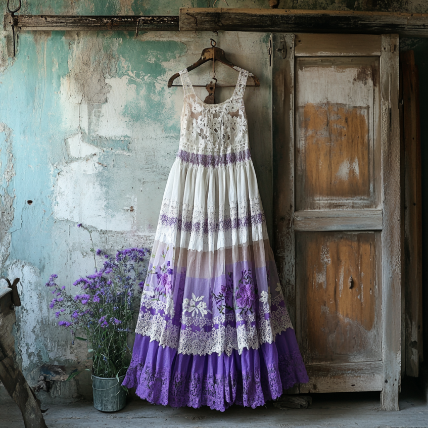 Boho Gradient Lavender Embroidered Pattern Lace Linen Dress 35.99