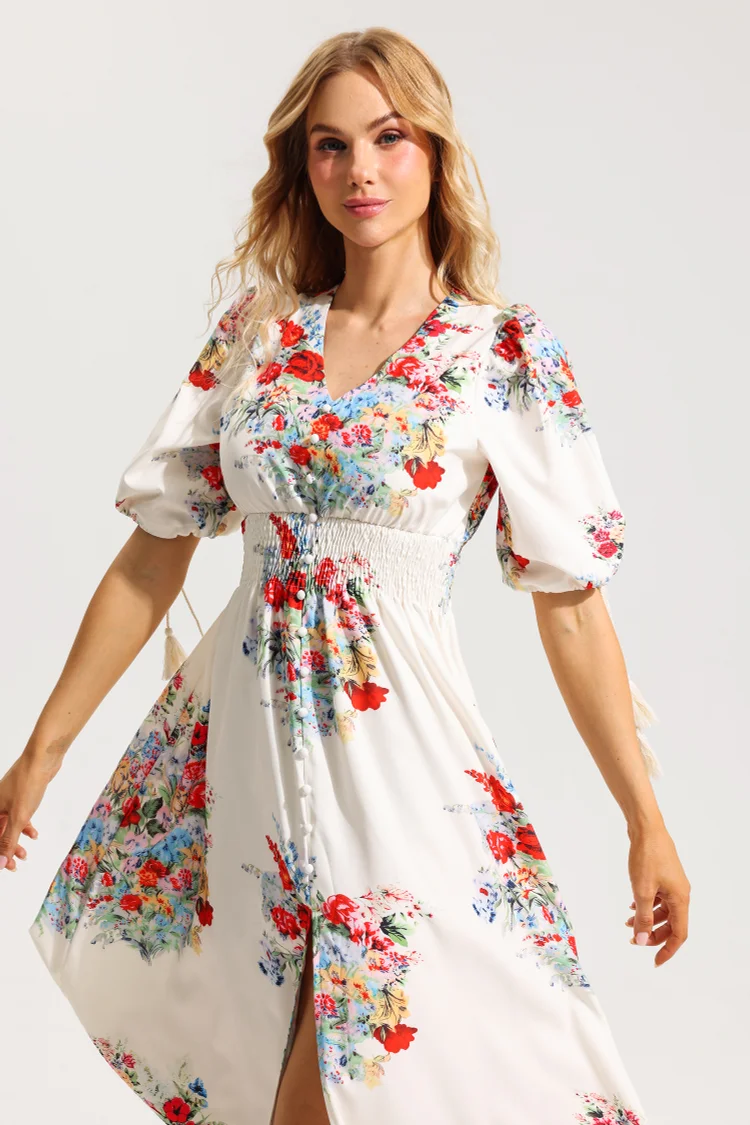 Floral Bottom Puff Sleeve Midi Dress