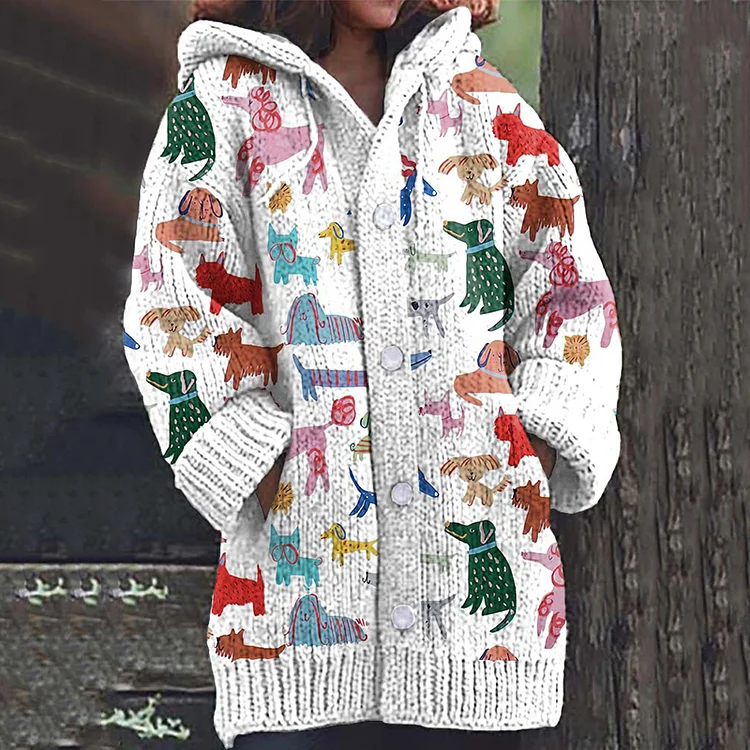 Vintage Color Block Cute Dogs Cozy Cardigan Sweater