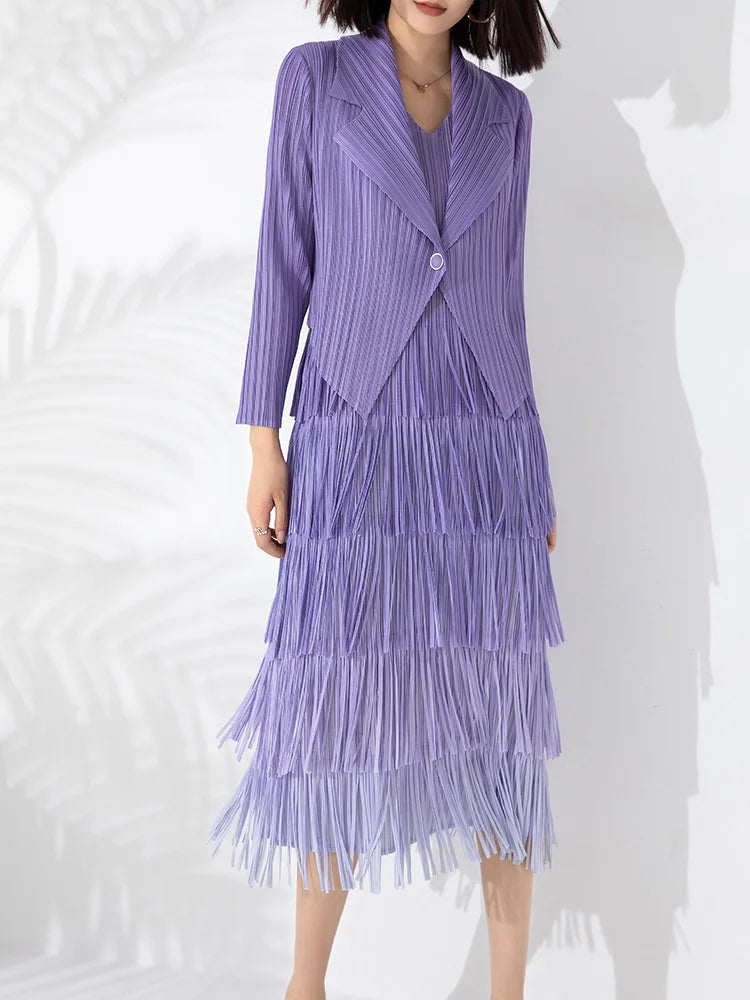Luxury Purple V-neck Pleated Patchwork Tassel Hem Sleeveless Dress ...