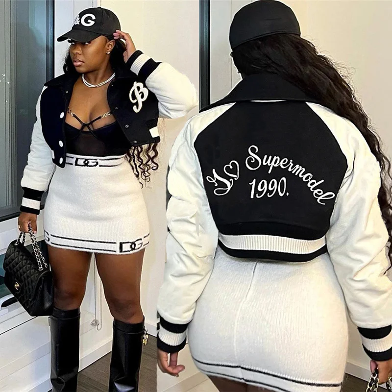Woherb Crop Letterman Jacket Varsity Coats Sexy Cropped Casual Y2k