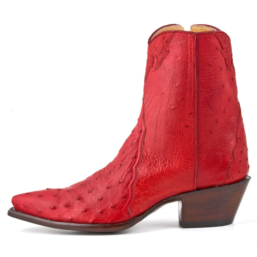 Red Ostrich Embossed Snip Toe Chunky Heel Cowgirl Boots with Zipper