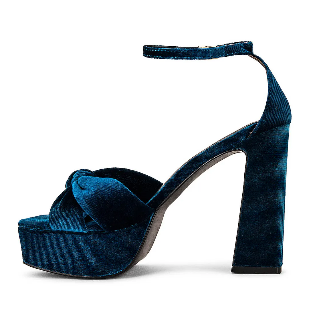 Navy Blue Ankle Strap Open Toe Chunky Heel Platform Women's Sandals