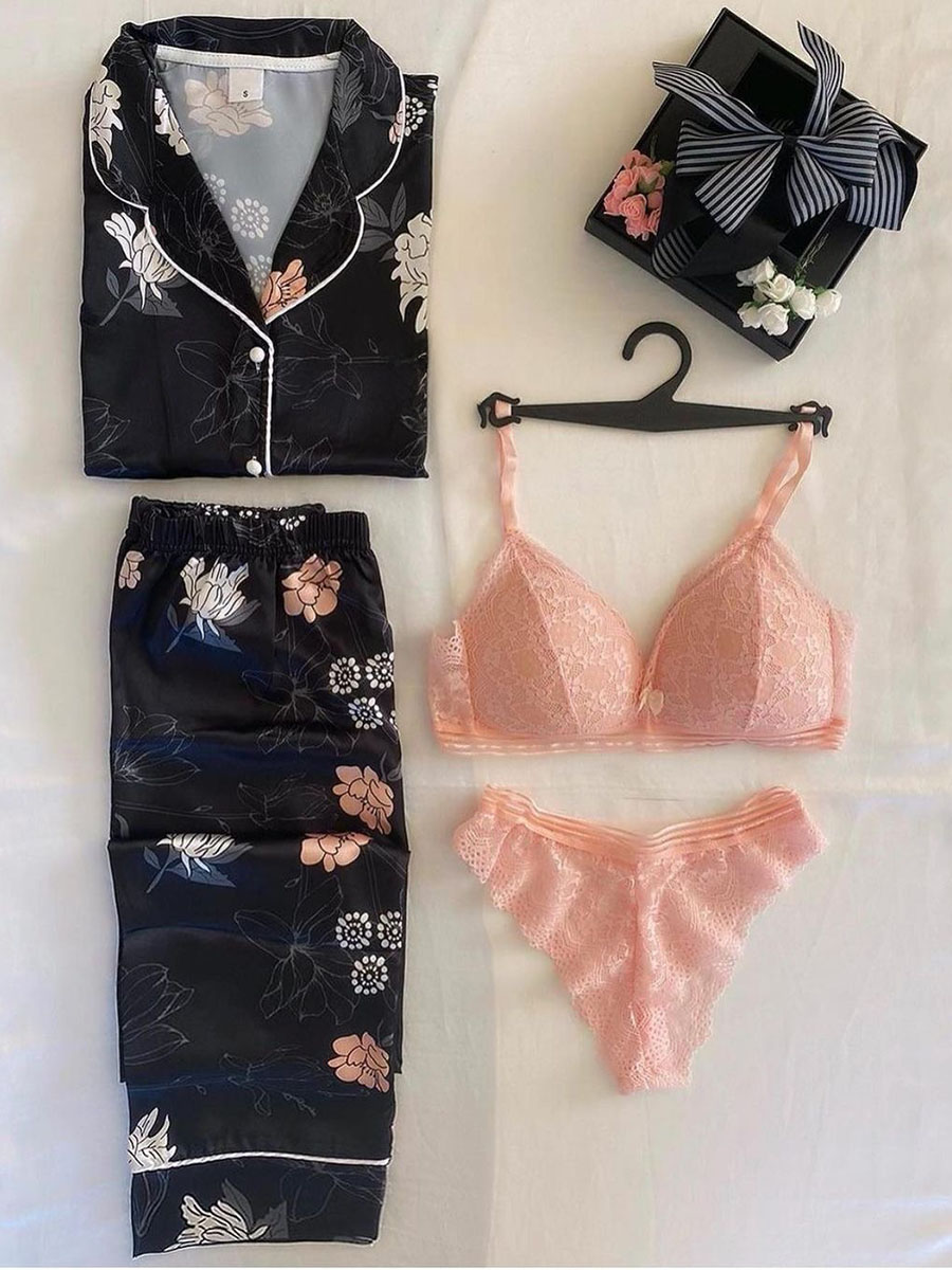 Black Night Suit & Bra Penty Set Combo for Women's