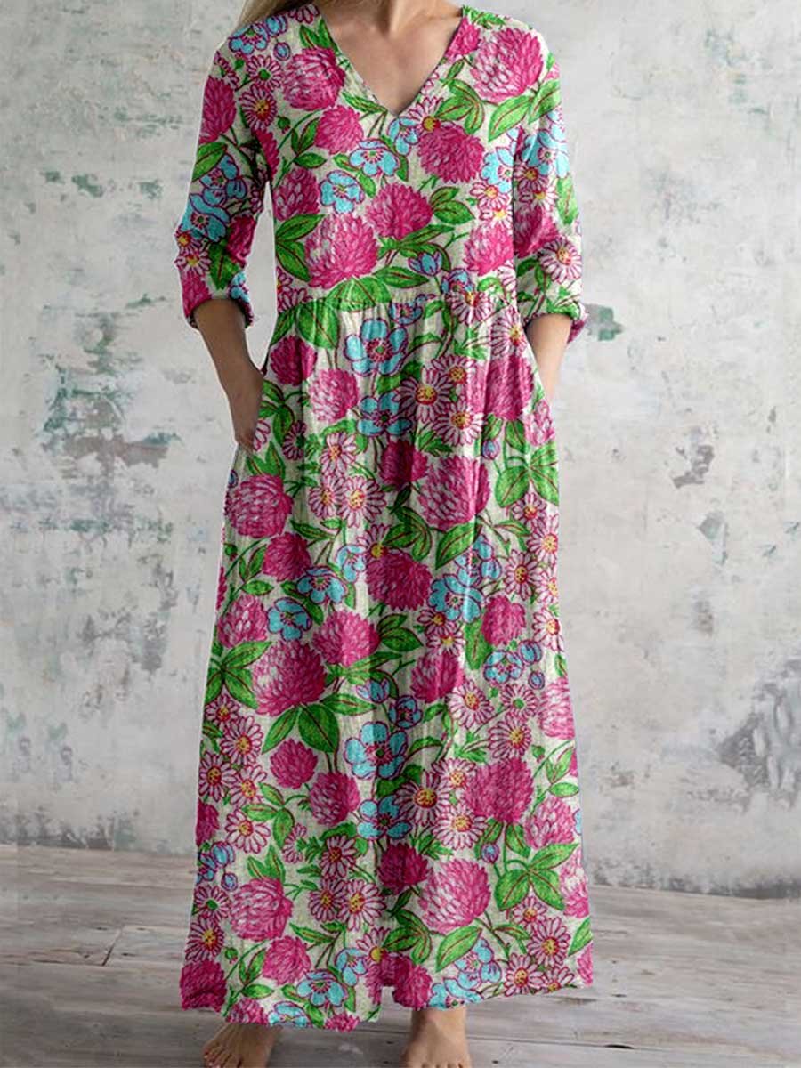 Women's Elegant Floral Pattern V-Neck Cotton and Linen Dress