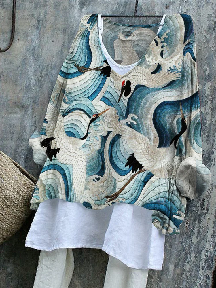 Cranes Over Sea Waves Japanese Embroidered Tunic