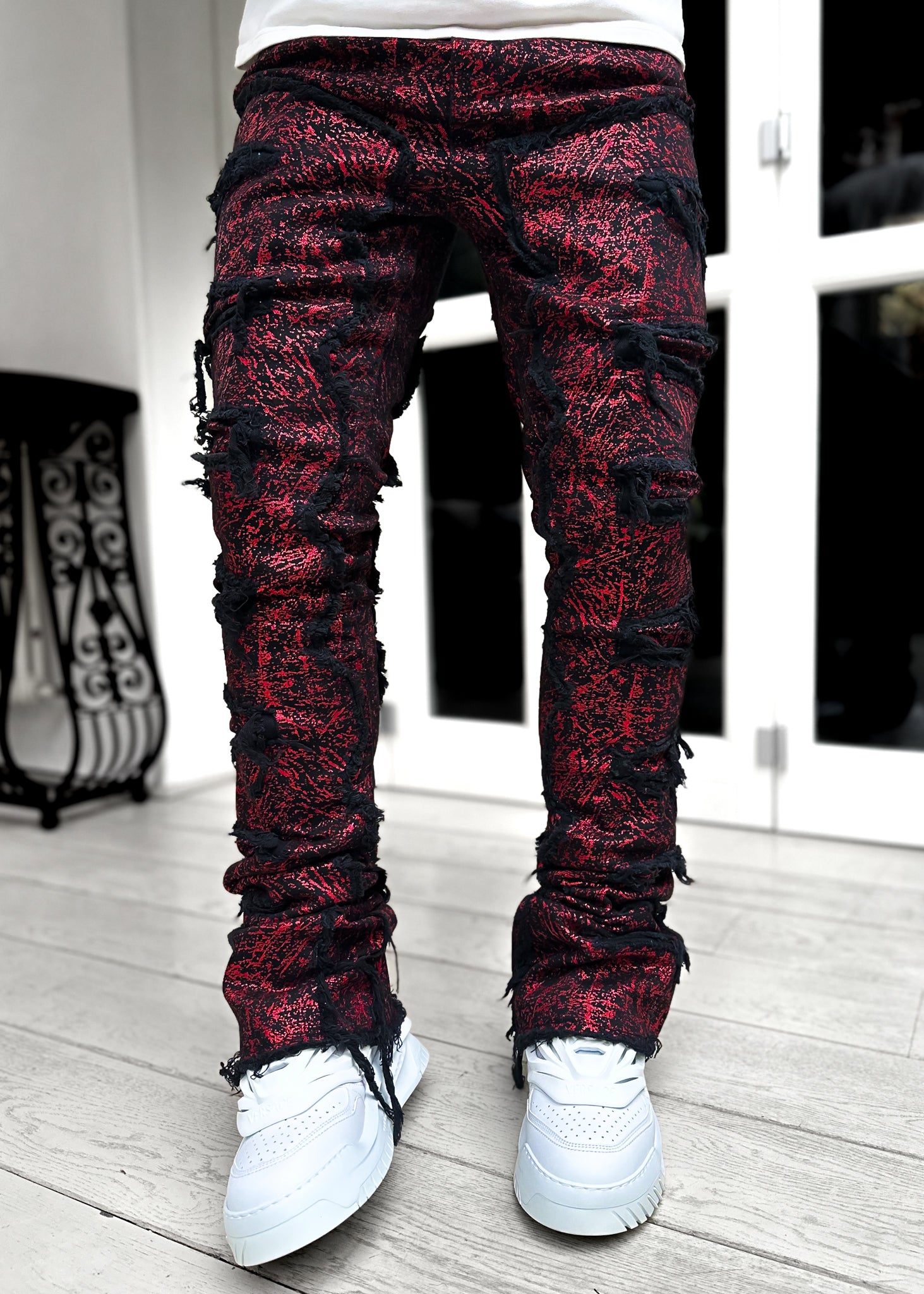 Blood Red Metallic Stacked Denim