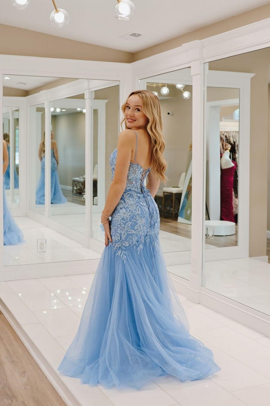 Miabel Exquisite Sky Blue Tulle Spaghtti Strap Sleeveless Prom Dress ...