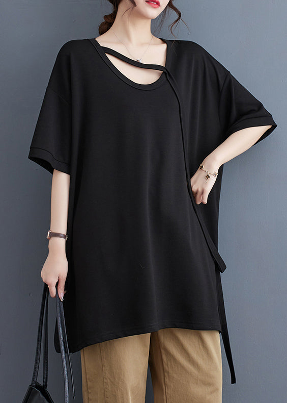 Stylish Black Oversized Side Open Cotton Long Tanks Summer - MissTip
