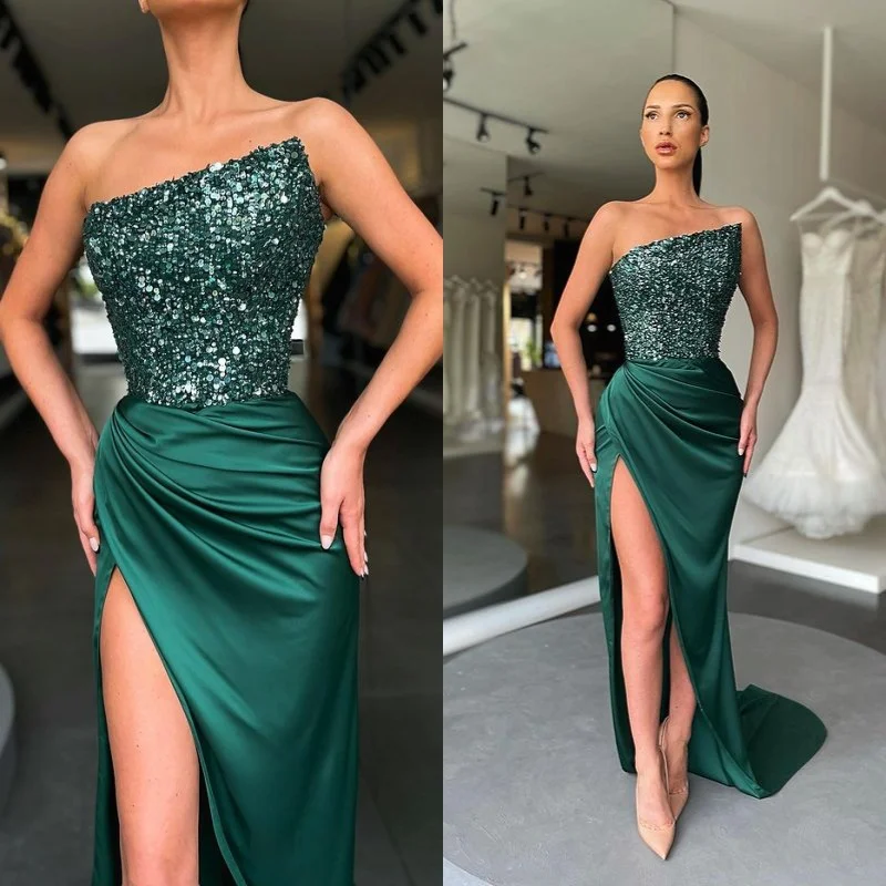 Daisda Sequins Dark Green Prom Dress With Slit